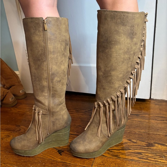 Sbicca | Shoes | Sbicca Fringe Tan Wedge Boots | Poshmark